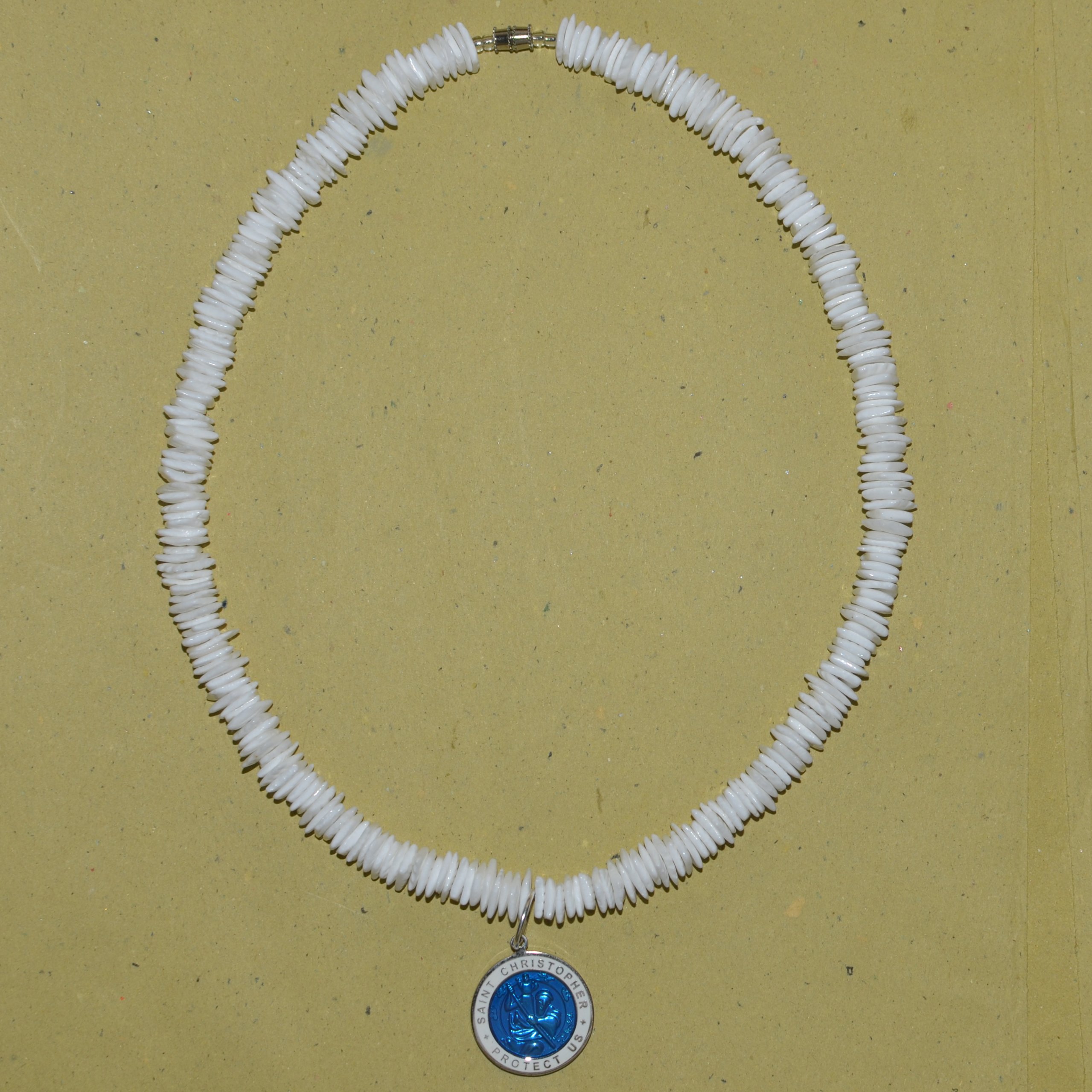 Native Treasure 16" inch Mens and Womens Original St. Christopher Blue and White Medal, White Clam Chips ARK Shell Tropical Jewelry Summer Beach Surfer Necklace From the Philippines