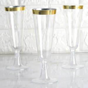 TABLECLOTHSFACTORY 60 Pack 5oz Gold Rimmed Clear Champagne Flutes Cocktail Disposable Plastic Glasses For Wedding Banquet Party Events