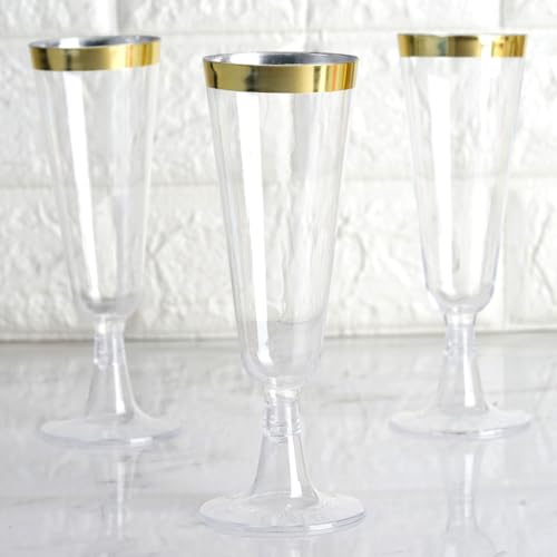 TABLECLOTHSFACTORY 60 Pack 5oz Gold Rimmed Clear Champagne Flutes Cocktail Disposable Plastic Glasses For Wedding Banquet Party Events