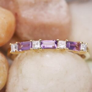 Dazzlingrock Collection 4x2mm Baguette Amethyst & Princess White Diamond Wedding Band for Women in 10K Yellow Gold Size 6