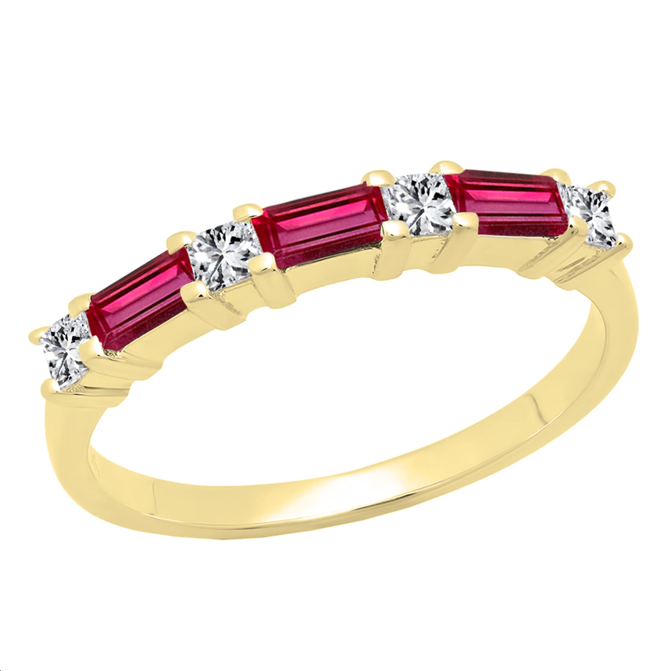 Dazzlingrock Collection 4x2mm Baguette Ruby & Princess White Diamond Wedding Band for Women in 10K Yellow Gold Size 6.5