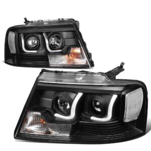 auto dynasty dual led drl projector headlights assembly compatible with ford f150 lincoln mark lt 2004-2008, driver and passenger side, black housing clear corner