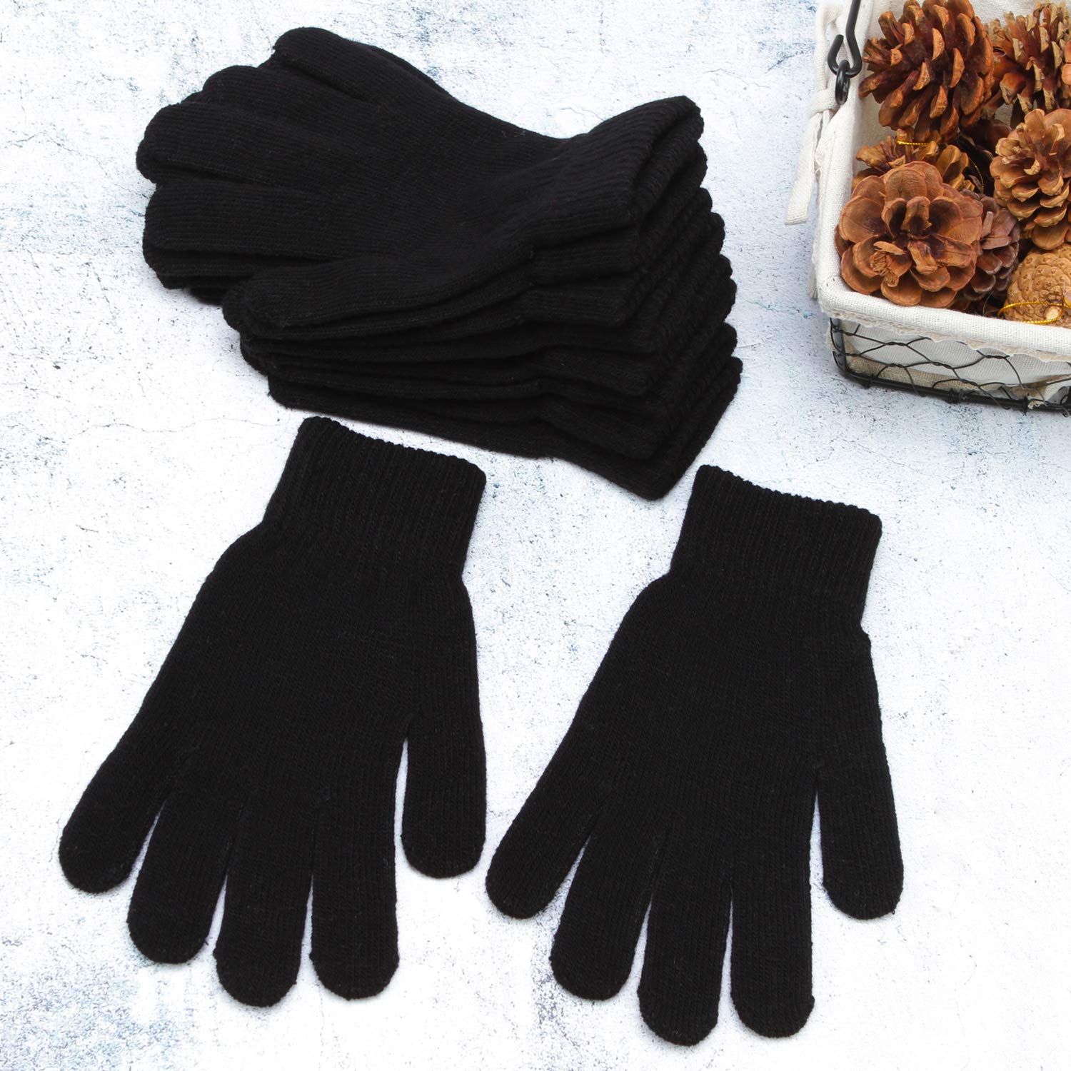 Cooraby 12 Pairs Winter Magic Gloves Stretchy Warm Knit Gloves with Mesh Storage Bag for Men or Women (Black, Length 8.3 inches)