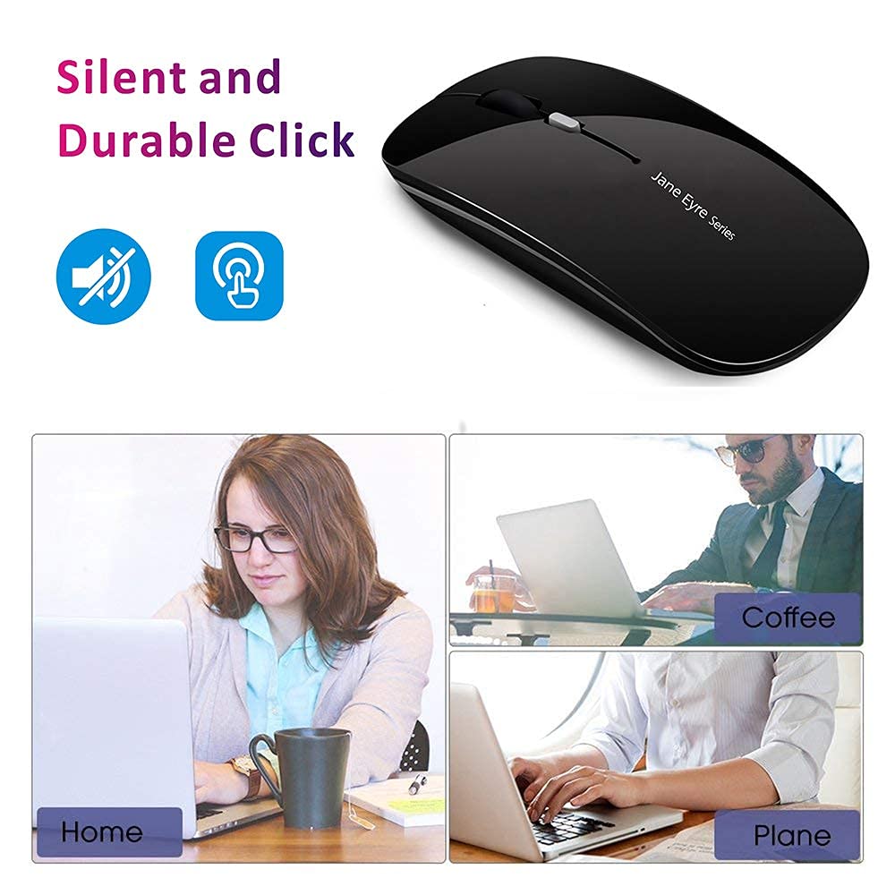 Uciefy Q5 Slim Rechargeable Wireless Mouse, 2.4G Portable Optical Silent Ultra Thin Wireless Computer Mouse with USB Receiver and Type C Adapter, Compatible with PC, Laptop, Notebook, Desktop Black