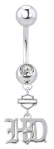 harley-davidson women's old english script bar & shield drop belly ring hdz0063