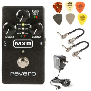 mxr m300 reverb analog guitar effects pedal bundle with 2 mxr patch cables, 6 dunlop picks, and 9v power supply