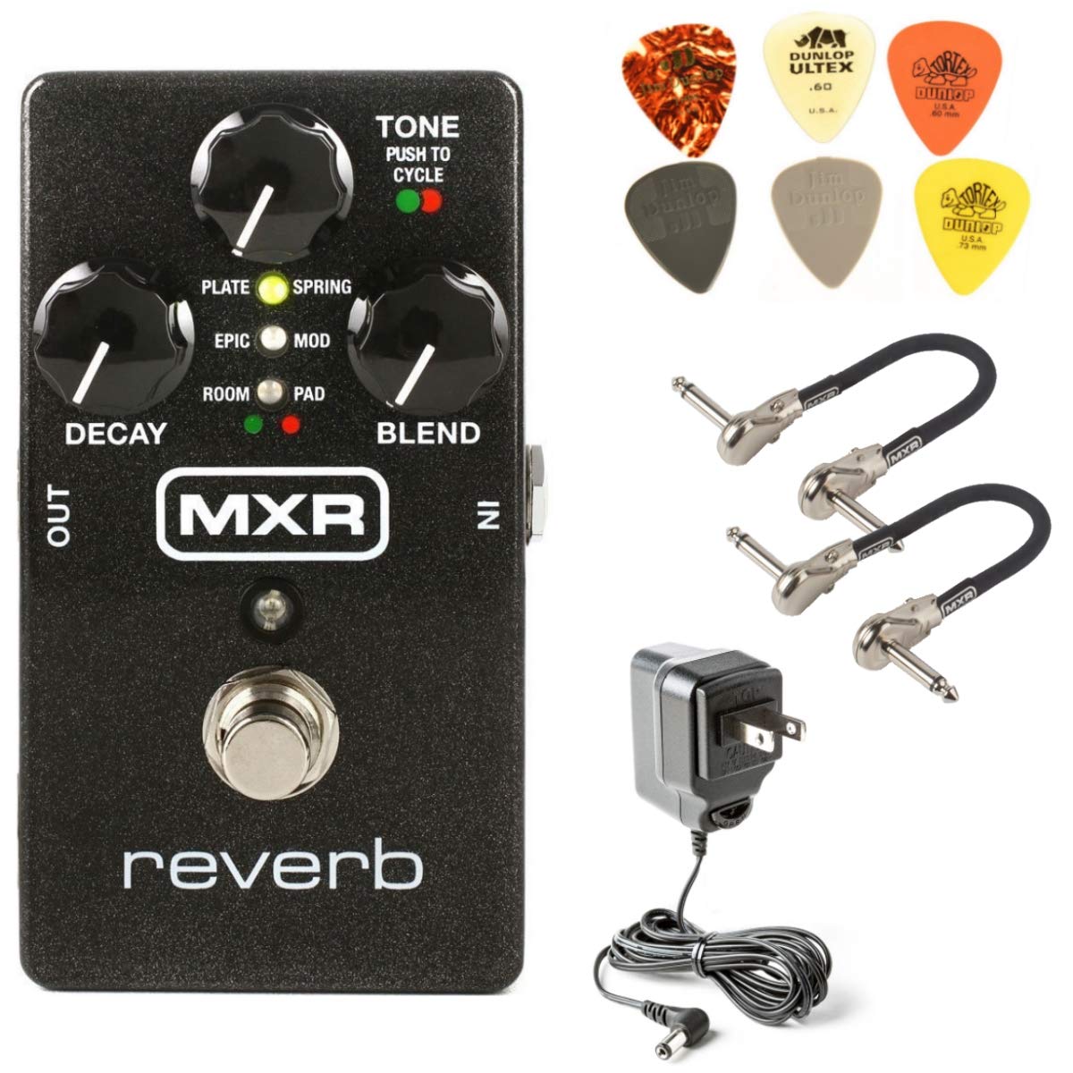 MXR M300 Reverb Analog Guitar Effects Pedal Bundle with 2 MXR Patch Cables, 6 Dunlop Picks, and 9V Power Supply