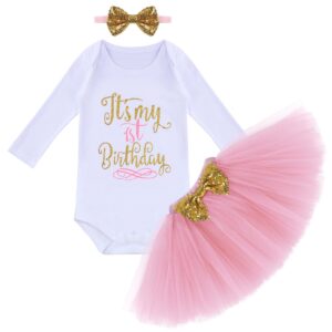 it’s my first 1st birthday outfit baby girls long sleeve romper + ruffle tulle skirt + sequin bowknot headband shiny party princess dress up for cake smash photo fall dress clothes pink 1 year