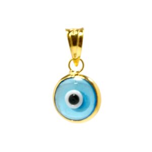 mizze made for luck gold plated 925 sterling silver 7 mm transparent blue round glass evil eye charm (pendant only)