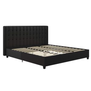 dhp emily upholstered platform bed with modern vertical tufted headboard, no box spring needed, king, black faux leather