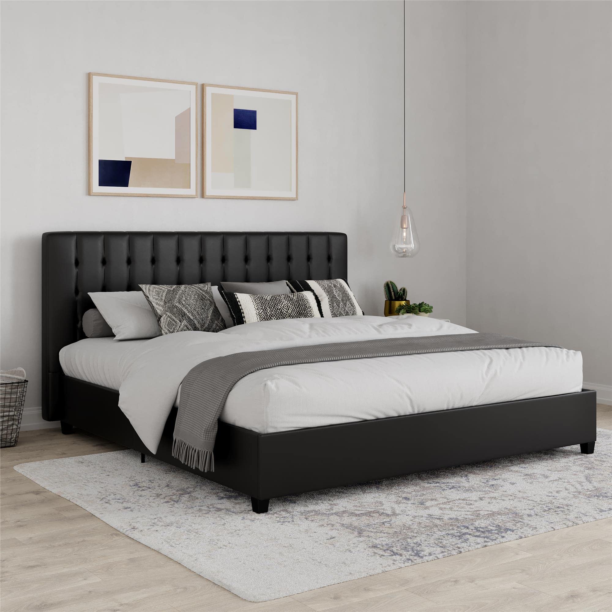 DHP Emily Upholstered Platform Bed with Modern Vertical Tufted Headboard, No Box Spring Needed, King, Black Faux Leather