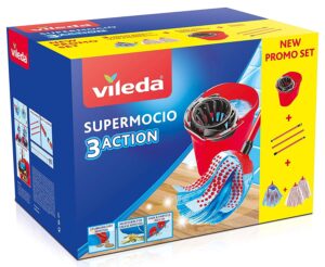 vileda supermocio box with bow 3action xl and two microfibre bows and power, plastic/microfiber, red