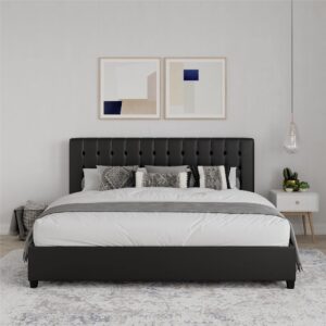 DHP Emily Upholstered Platform Bed with Modern Vertical Tufted Headboard, No Box Spring Needed, King, Black Faux Leather