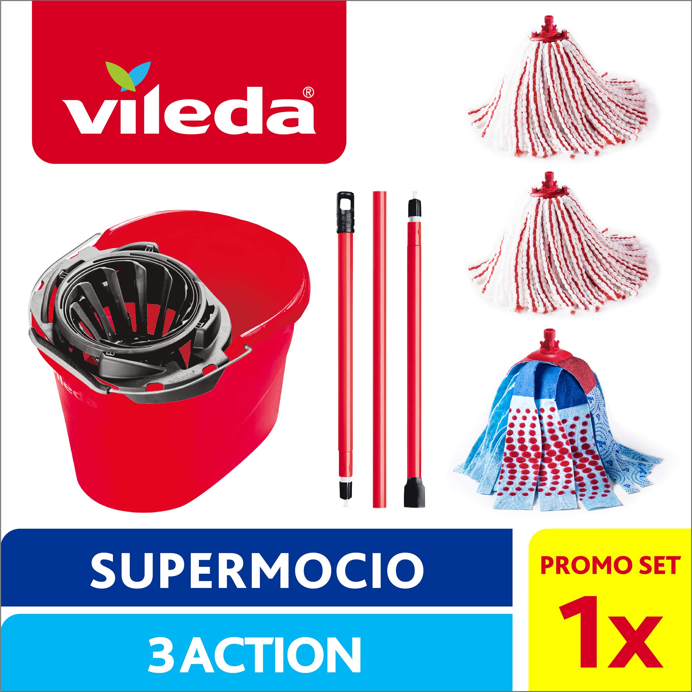 Vileda SuperMocio Box with Bow 3Action XL and Two Microfibre Bows and Power, Plastic/Microfiber, Red