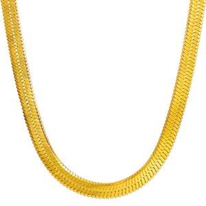 tuokay 18k faux gold herringbone chain necklace, fashion hip hop fake gold flat snake chain for women and men school rapper kit costume accessory, sparkling faux gold chain necklace. 24" 7mm