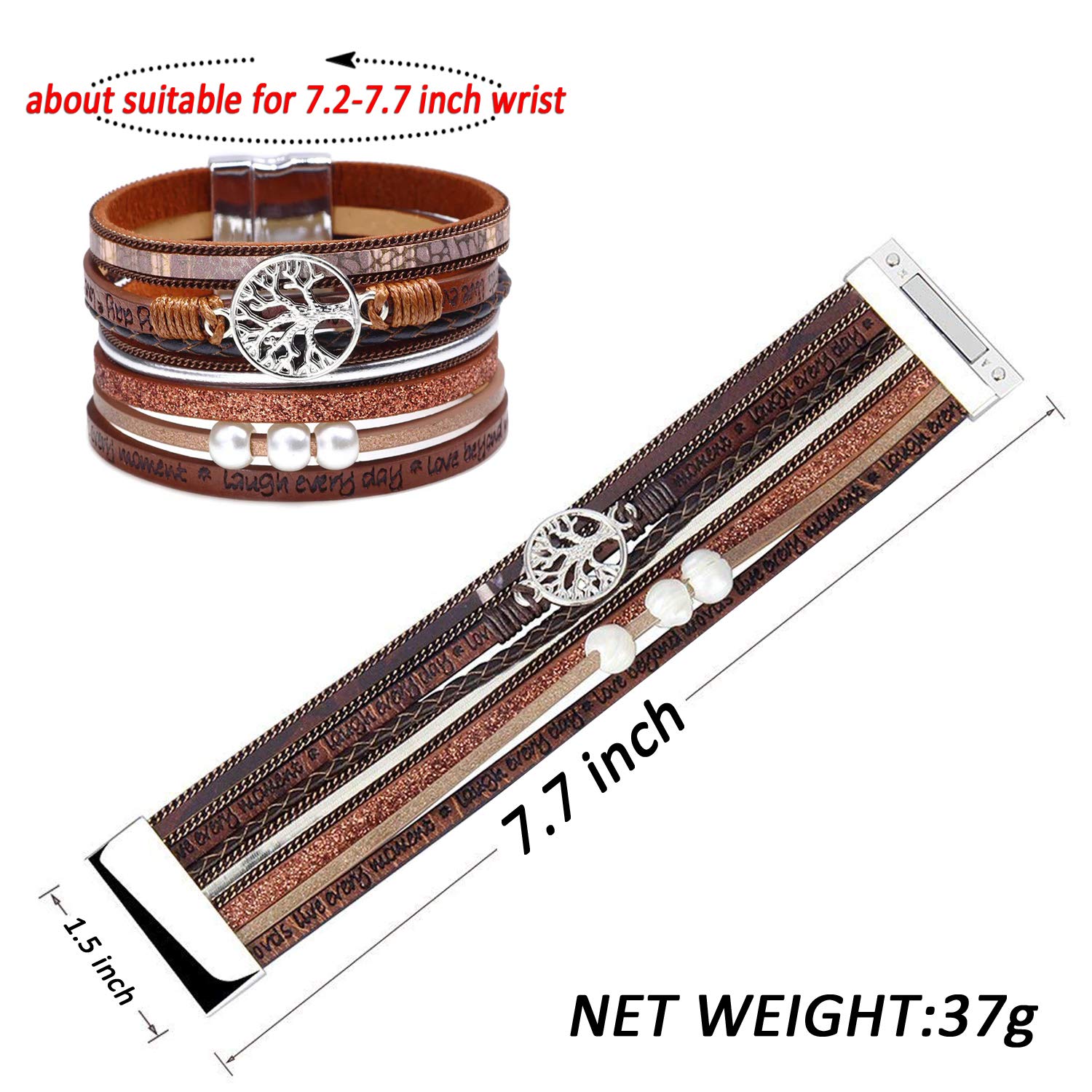 RONLLNA Tree of Life Leather Cuff Bracelet for Women Wrap Cross Bracelets Boho Bracelets with Pearl Gifts for Women Brown Tree