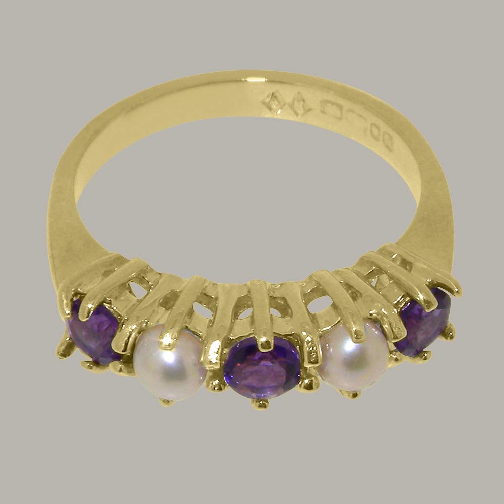 LetsBuyGold 14k Yellow Gold Natural Amethyst & Cultured Pearl Womens Eternity Ring - Size 9