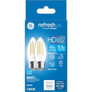 ge refresh led light bulbs, candle lights, 60 watts, daylight clear decorative b11 bulbs, medium base (8 pack)