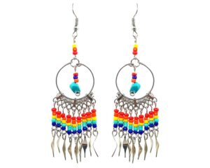 native american inspired chip stone round silver metal hoop beaded dangle earrings - womens fashion handmade jewelry tribal accessories (teal/rainbow)