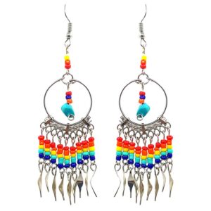 Native American Inspired Chip Stone Round Silver Metal Hoop Beaded Dangle Earrings - Womens Fashion Handmade Jewelry Tribal Accessories (Teal/Rainbow)