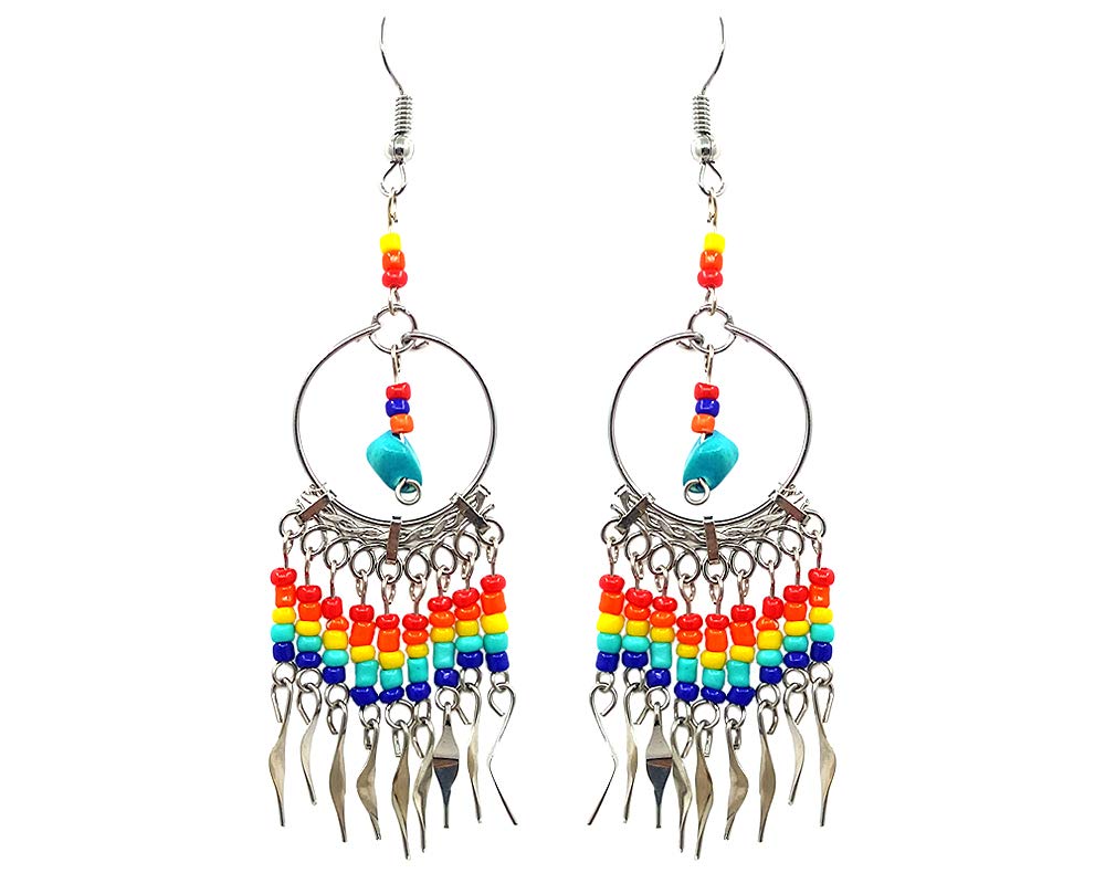 Native American Inspired Chip Stone Round Silver Metal Hoop Beaded Dangle Earrings - Womens Fashion Handmade Jewelry Tribal Accessories (Teal/Rainbow)