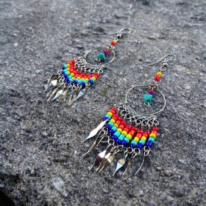 Native American Inspired Chip Stone Round Silver Metal Hoop Beaded Dangle Earrings - Womens Fashion Handmade Jewelry Tribal Accessories (Teal/Rainbow)