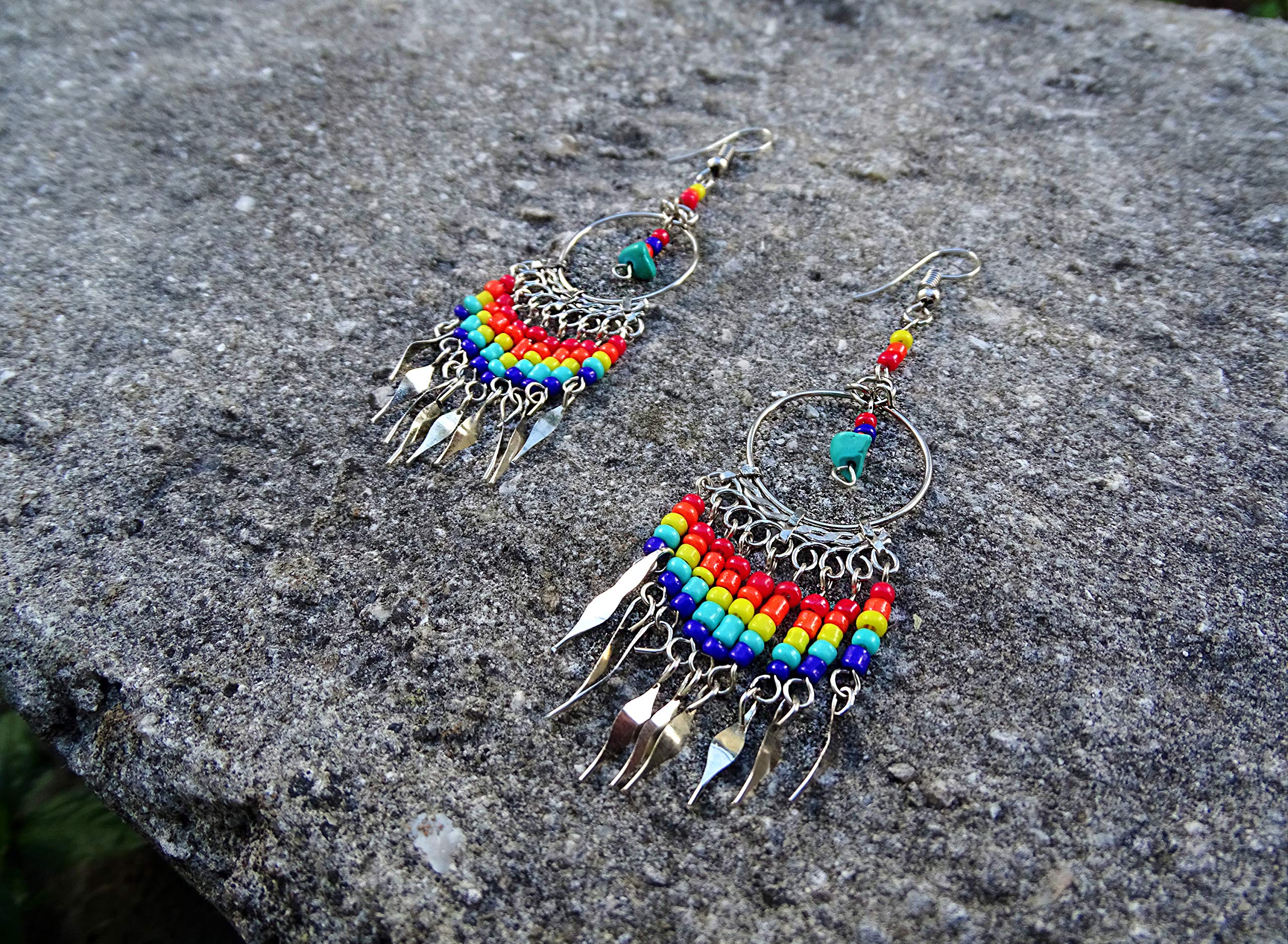 Native American Inspired Chip Stone Round Silver Metal Hoop Beaded Dangle Earrings - Womens Fashion Handmade Jewelry Tribal Accessories (Teal/Rainbow)