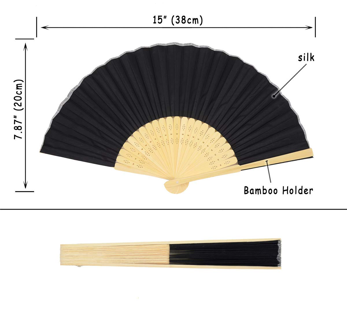 Leehome Folding Hand Fans for Women - 12pcs Silk Bamboo Chinese Japanese Handheld Fan - for Church Wedding Gifts, Party Favors, DIY Decorations. (Black)