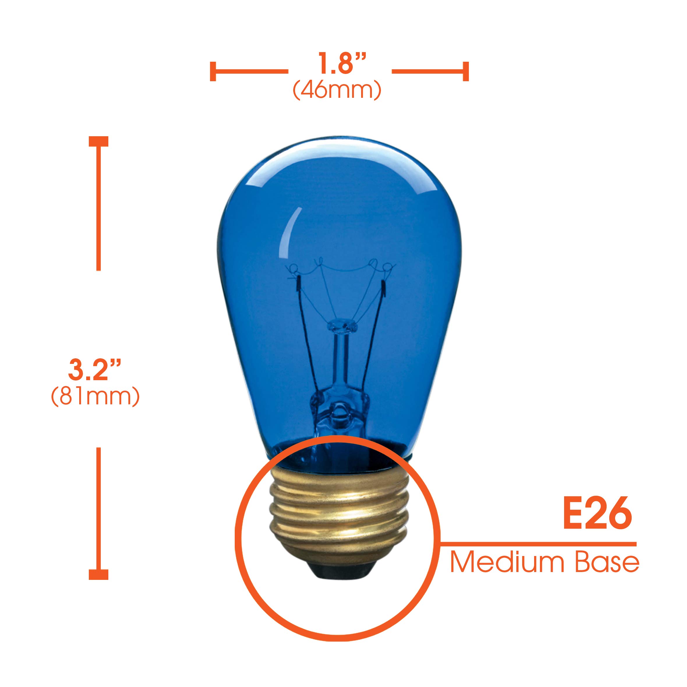 Incandescent S14 Edison Light Bulb, String Light Replacement, E26 Medium Base, 130V, Blue (12 Pack)