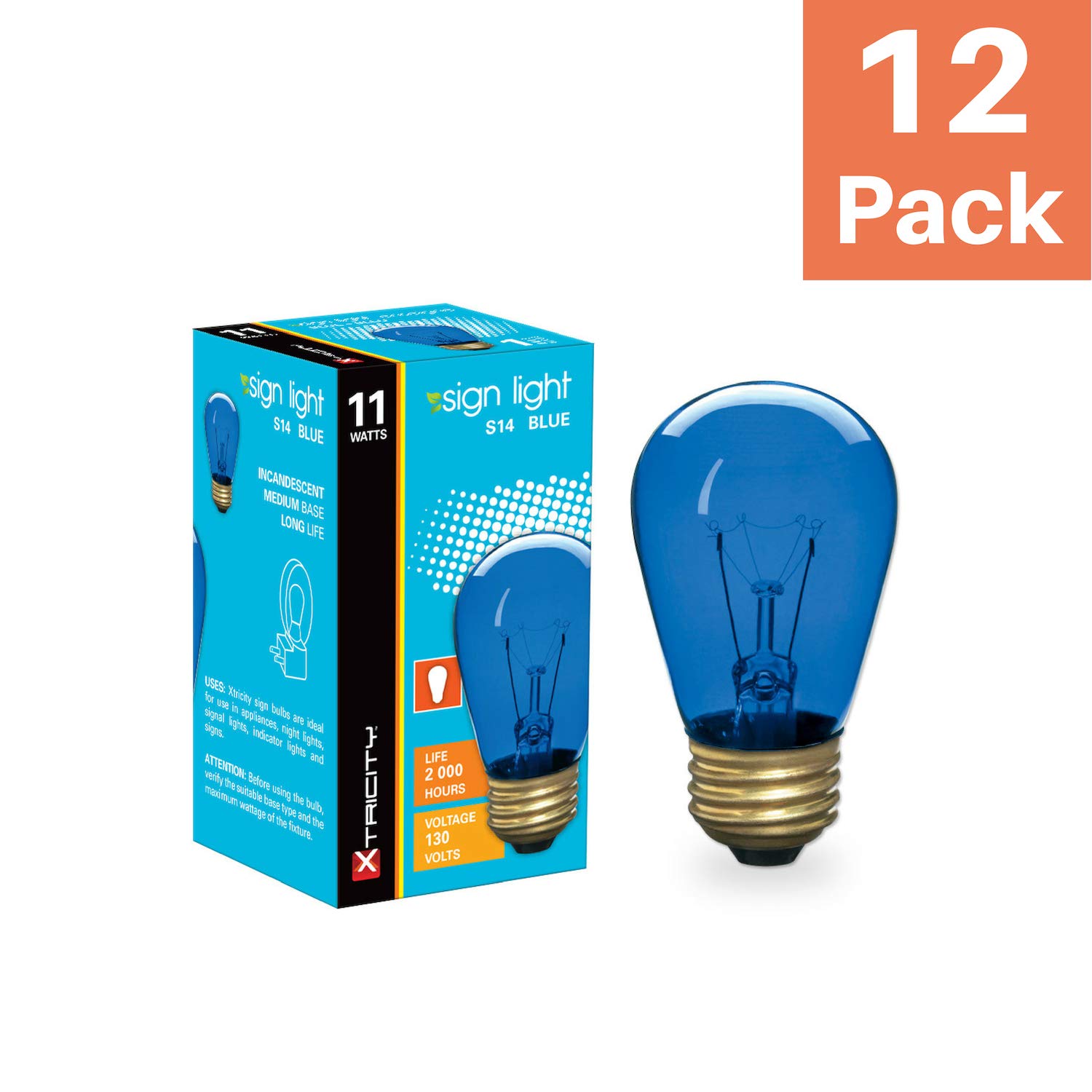 Incandescent S14 Edison Light Bulb, String Light Replacement, E26 Medium Base, 130V, Blue (12 Pack)