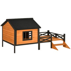 pawhut wooden dog house with porch, outside dog house with water-resistant asphalt roof, ladders, fencing, window, for small and medium dogs, natural