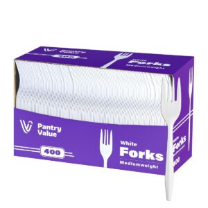 pantry value [400 count] lightweight white plastic forks - disposable cutlery for parties, events, and dinner (formerly comfy package)