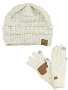 c.c unisex soft stretch cable knit beanie and anti-slip touchscreen gloves 2 pc set, ivory