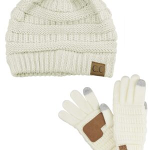 C.C Unisex Soft Stretch Cable Knit Beanie and Anti-Slip Touchscreen Gloves 2 Pc Set, Ivory