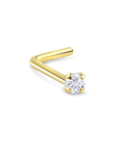 14k yellow gold l bend nose stud ring 2.5mm clear round cz 20g