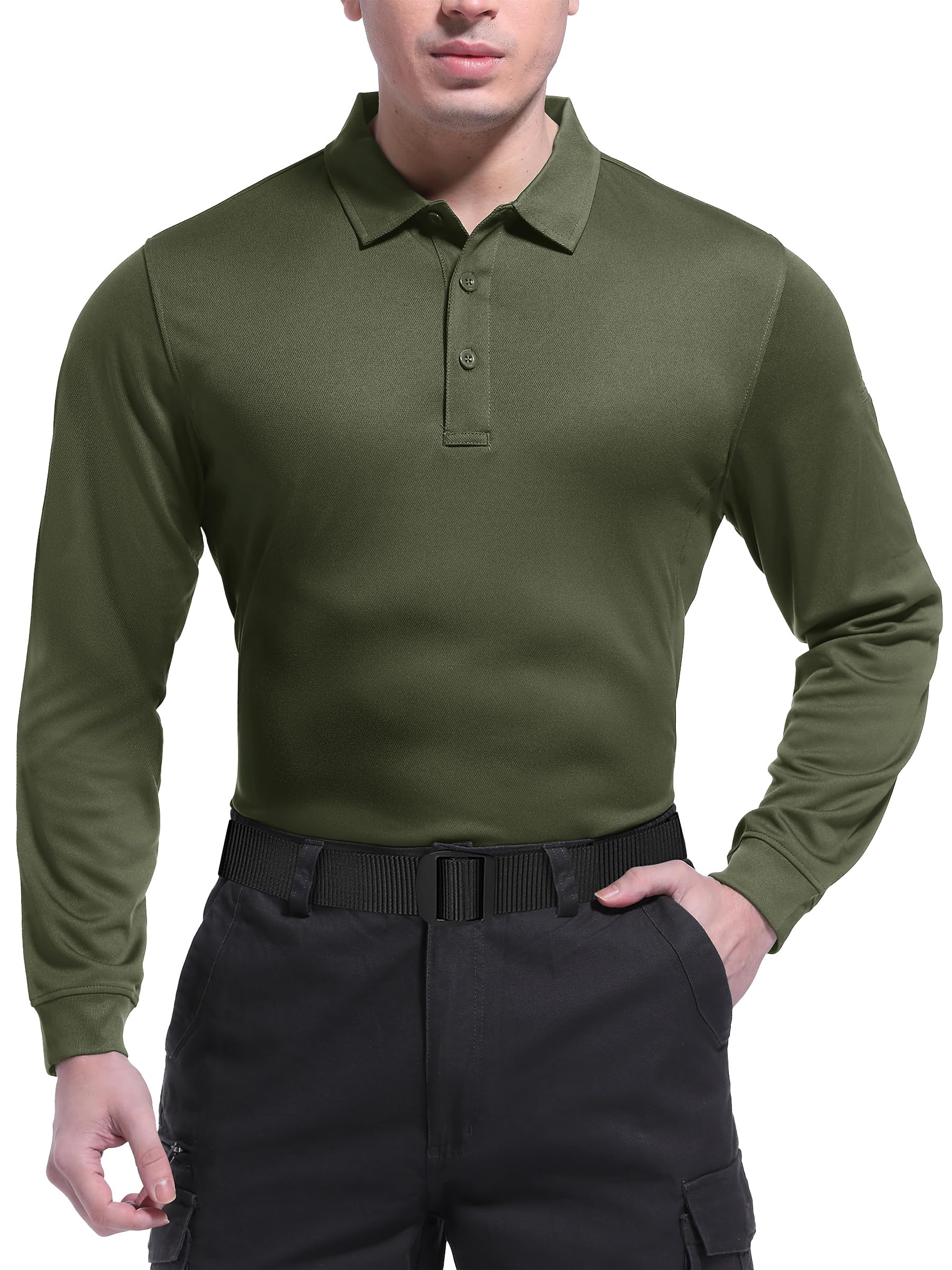 TACVASEN Long Sleeve Shirts for Men Tactical Performance Polo Shirts with Collar Quick Dry Fit Lightweight Work Shirts Workout Golf Army Green S