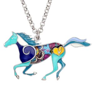 bonsny enamel running horse necklace pendant chain zinc alloy animal lovers design 18" (blue)