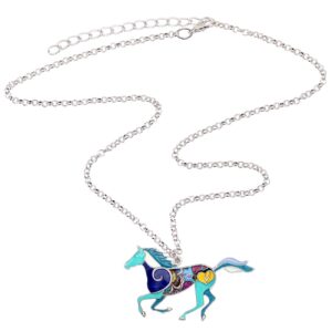 BONSNY Enamel Running Horse Necklace Pendant Chain Zinc Alloy Animal Lovers Design 18" (Blue)