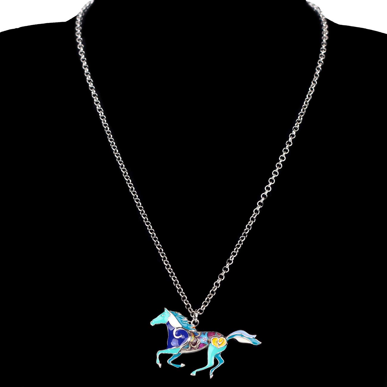 BONSNY Enamel Running Horse Necklace Pendant Chain Zinc Alloy Animal Lovers Design 18" (Blue)