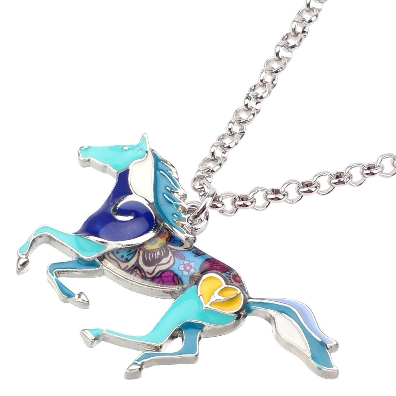 BONSNY Enamel Running Horse Necklace Pendant Chain Zinc Alloy Animal Lovers Design 18" (Blue)