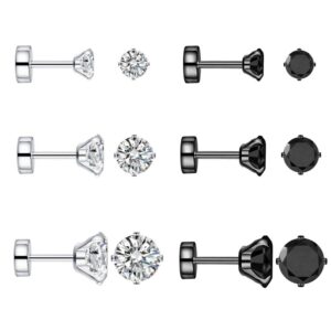 newzenro 3 pairs 20g 18g stainless steel clear black cubic zirconia stud earrings for women men cartilage ear piercings helix tragus set flat screw backs 3mm 4mm 5mm (18g)