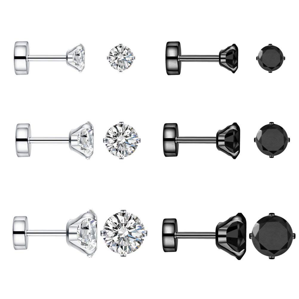 NewZenro 3 Pairs 20g 18g Stainless Steel Clear Black Cubic Zirconia Stud Earrings for Women Men Cartilage Ear Piercings Helix Tragus Set Flat Screw Backs 3mm 4mm 5mm (18g)