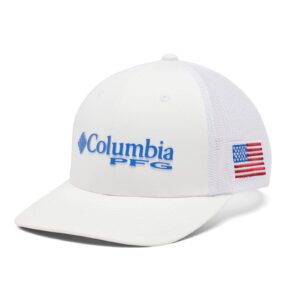 columbia unisex pfg mesh ball cap, white, vivid blue, usa flag, small/medium