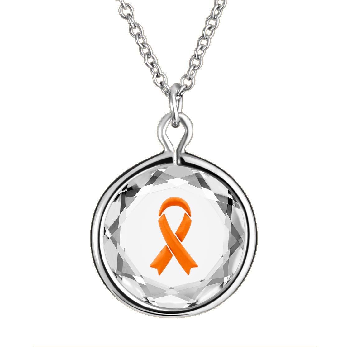 LovePendants 16-18" Sterling Silver Necklace in White Swarovski Crystal with Engraved and Enameled Orange Awareness Ribbon Symbolizing LEUKEMIA, MS, KIDNEY CANCER AND COPD.