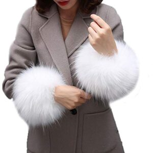 tngan winter faux fur arm warmers short furry wrist band ring cuff for women white