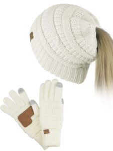 c.c beanietail messy high bun cable knit beanie and anti-slip touchscreen gloves set, ivory