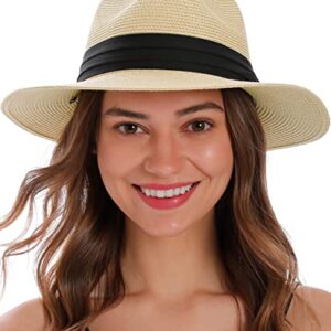 Sun Hats for Women Panama Hat Men & Womens Wide Brim Hat Sun Protection Foldable Straw Beach Fedora Hat Women Floppy Beach Hat Sunhat Womens,Beige