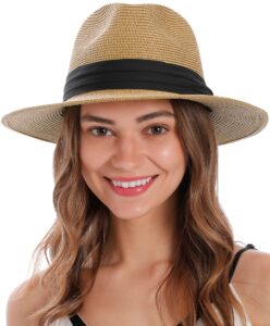 sun hat womens panama hat men straw hat womens wide brim hat sun protection packable roll up fedora beach foldable sun hat with chin strap, brown