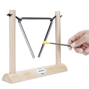 musical steel triangle percussion instrument with striker and wooden stand for kids, teachers' classroom reminder bell