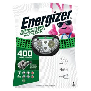 Energizer Vision LED Rechargeable Headlamp, Water Resistant Bright LED Headlamp for Outdoors, Camping Gear and Hurricane Supplies, includes USB Charging Cable, Pack of 1